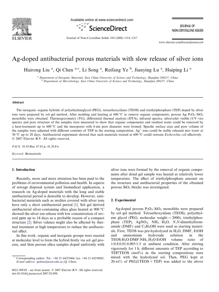 Ag-Doped Antibacterial Porous Materials With Slow Release of Silver ...