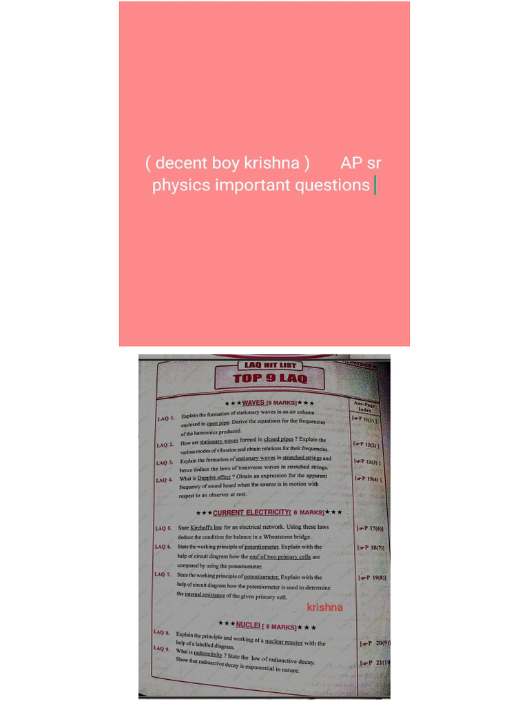 Ap SR Physics Important Questions Decent Boy Krish | PDF