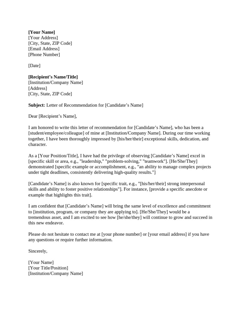 Recommendation Letter Template 2025 | PDF