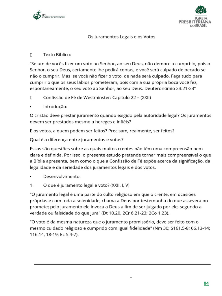 20 01 Serie Estudos Biblicos Doutrinarios Dos Juramentos Legais e Os Votos | PDF | Bíblia | Fé
