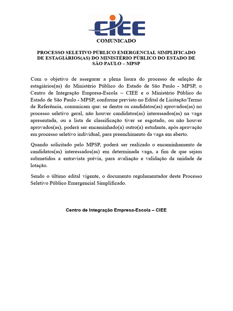 Comunicado Processo Seletivo Público Emergência Simplificado Do MPSP | PDF