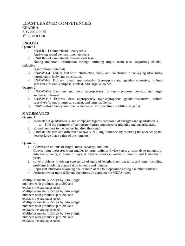 Least Learned Competencies - Grade 4 | PDF