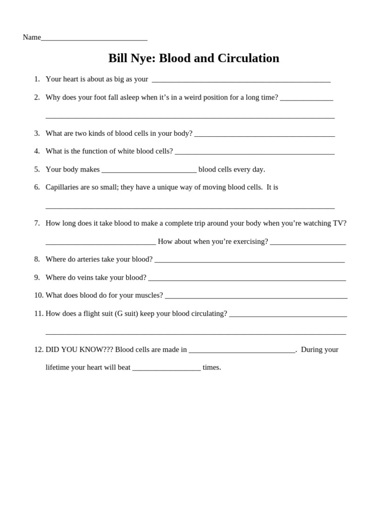 Bill Nye: Blood and Circulation Quiz | PDF | Blood | Heart