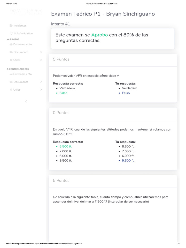 Examen Teórico P1 - VATSUR 2023 | PDF | Levantar (Fuerza) | Avión