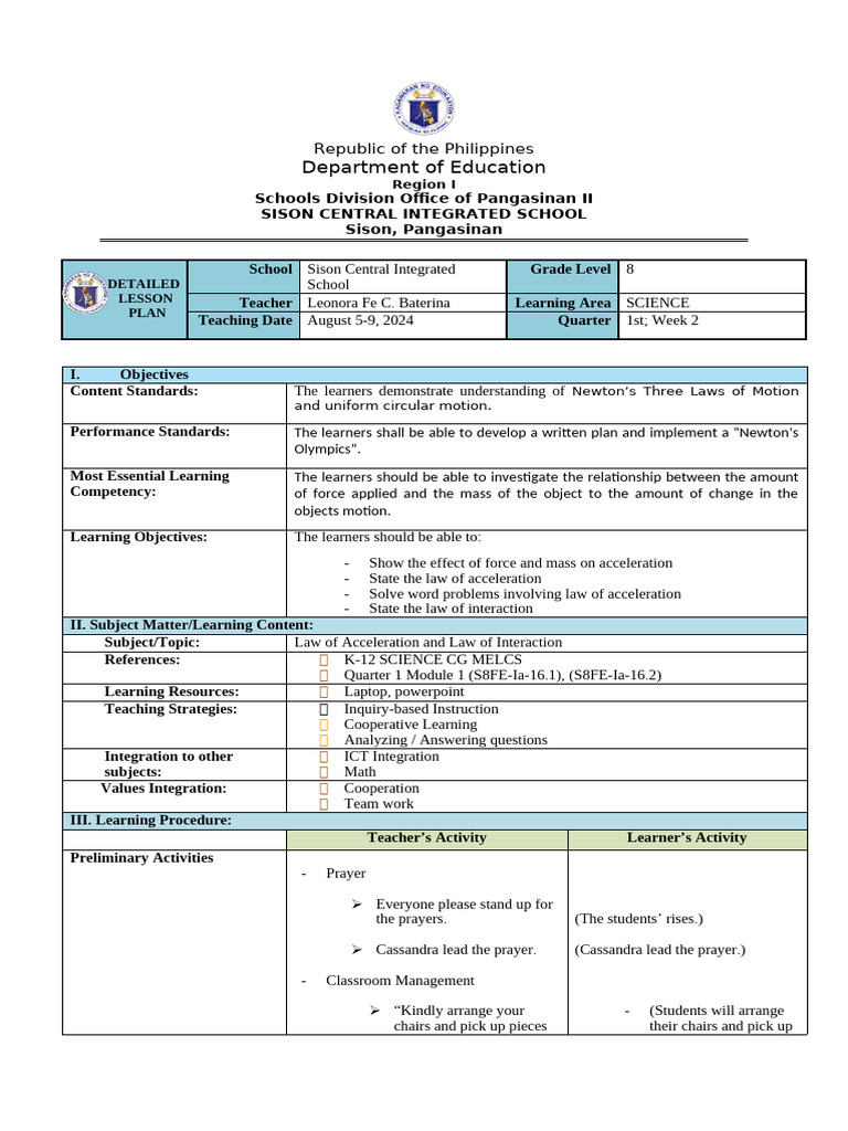 Grade 8 Science Lesson Plan: Quarter 1 | PDF | Force | Learning