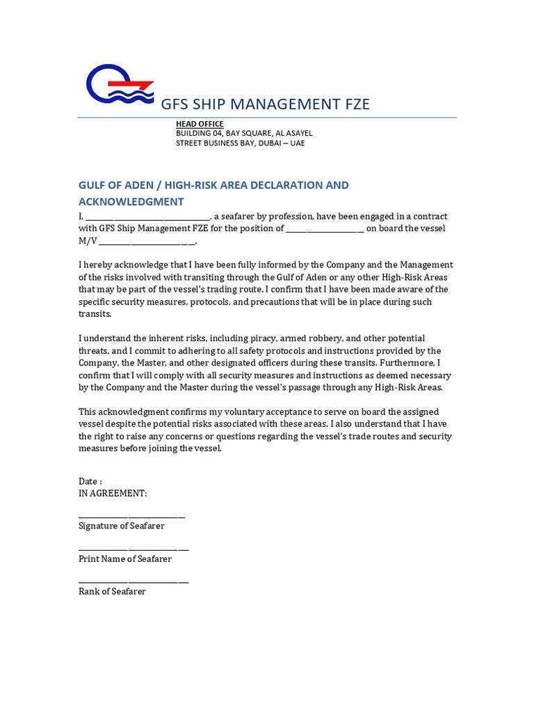 Gfs Ship Management Fze: Gulf of Aden / High-Risk Area Declaration and Acknowledgment | PDF