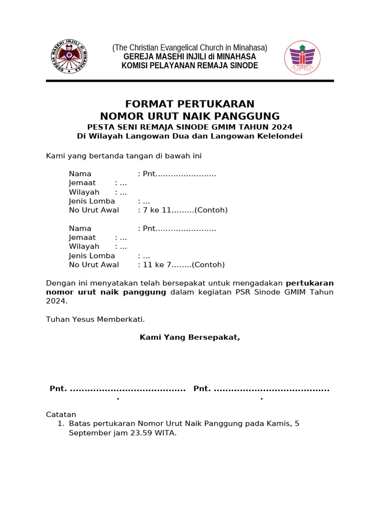 Form Pertukaran Nomor Urut Naik Panggung PSR 2024 | PDF