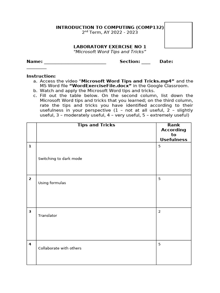 Rami Ezra Lanoy - LABORATORY GUIDE EXer 1 to 5 | PDF | Microsoft Excel | Microsoft Power Point