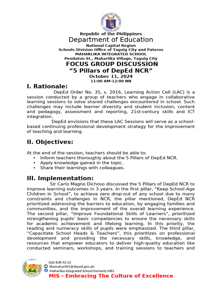Focus Group Discussion-October 11, 2024 | PDF | Teachers | Educational ...