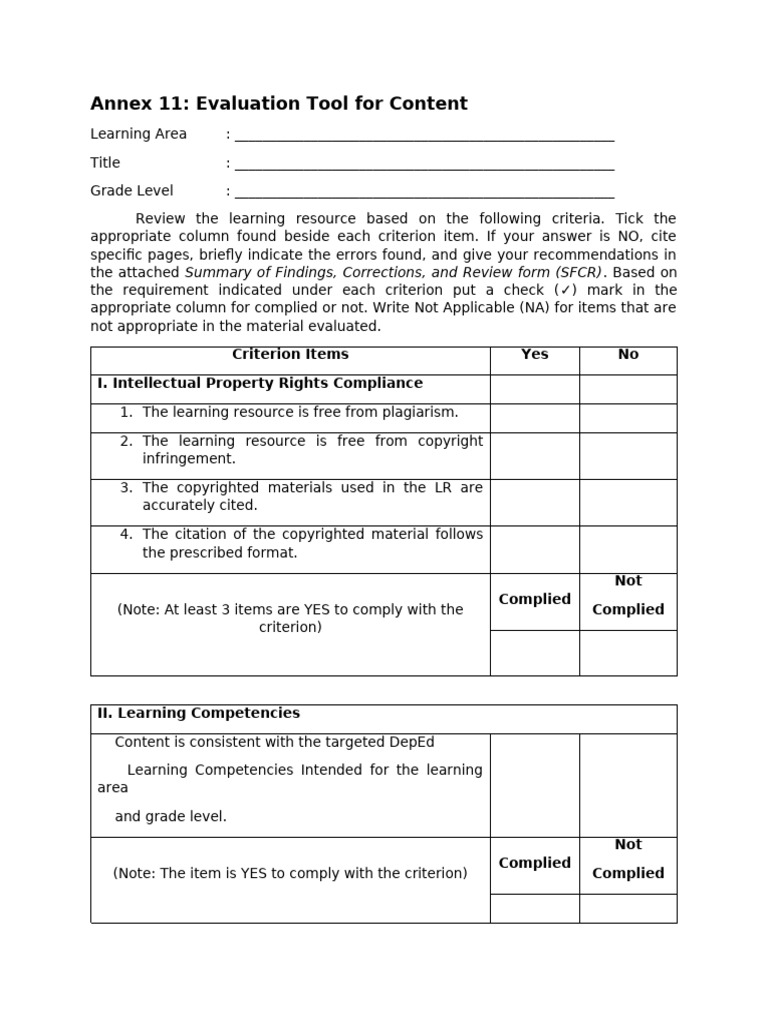 Annex 11 - Evaluation Tool For Content | PDF | Learning | Creativity