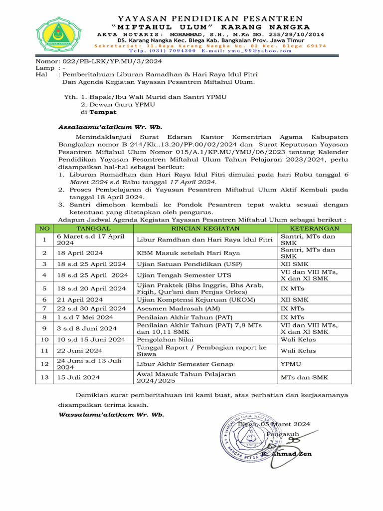 Agenda Kegiatan Akhir Tahun Pelajaran 2023-2024 YPMU | PDF