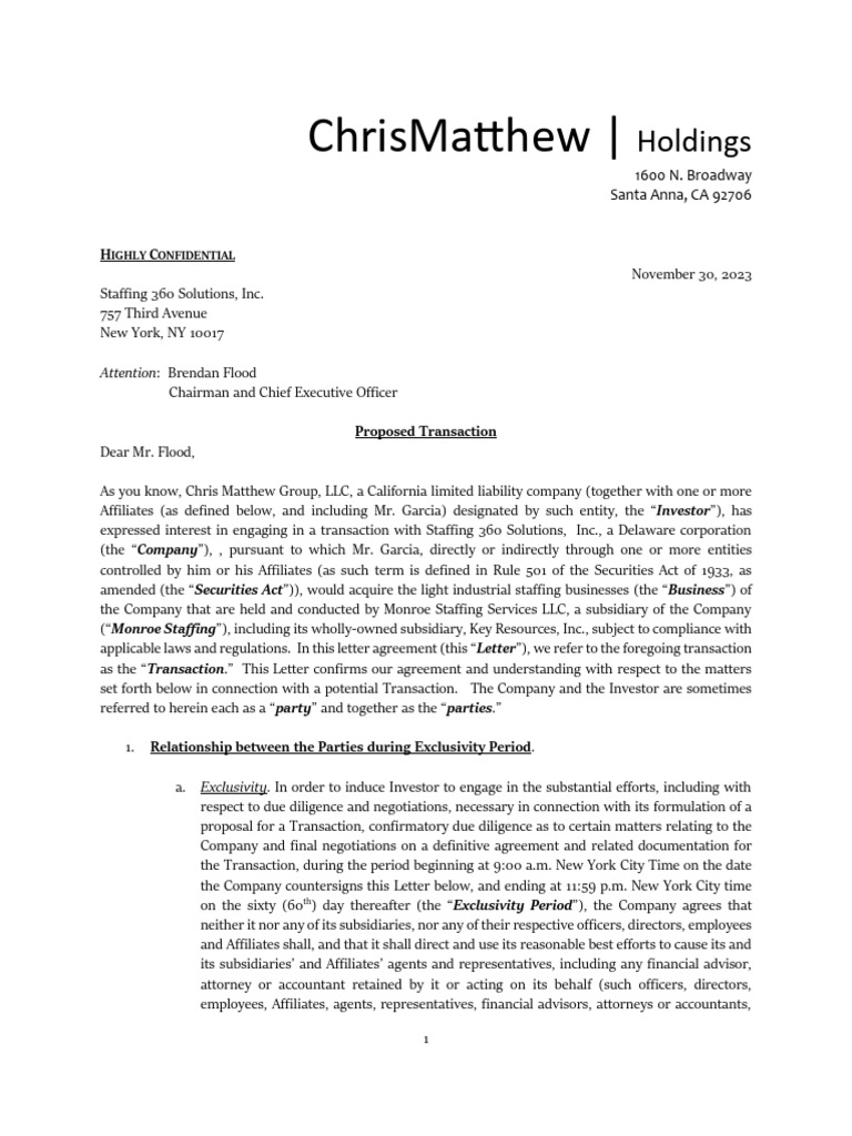 Project Jupiter Revised Letter of Intent Between Investor and Target-Flood Redline Nov 30 - 3 ...