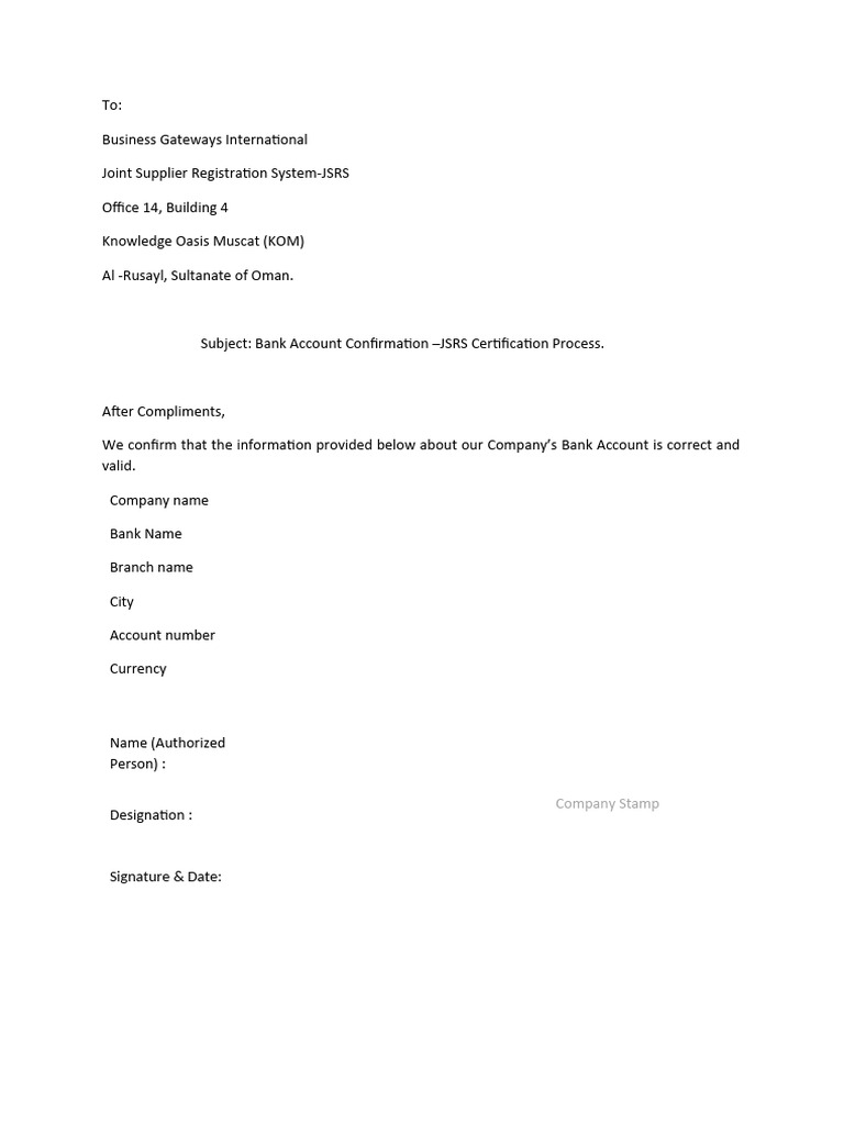 Bank Account Confirmation for JSRS Certification | PDF