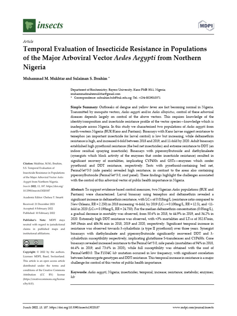 Mukhtar and Ibrahim 2022 Insects-13-00187 | PDF | Ddt | Aedes Aegypti