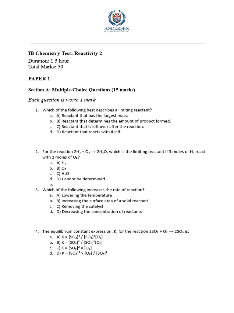 IB DP2 Chemistry Test - Reactivity 2 | PDF | Reaction Rate | Chemical ...