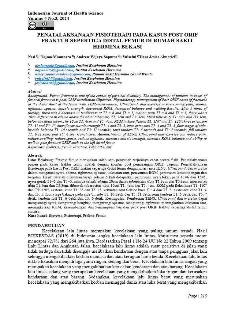 Revisi Penatalaksanaan Fisioterapi Pada Kasus Post Orif Fraktur Sepertiga Distal Femur Sinistra ...