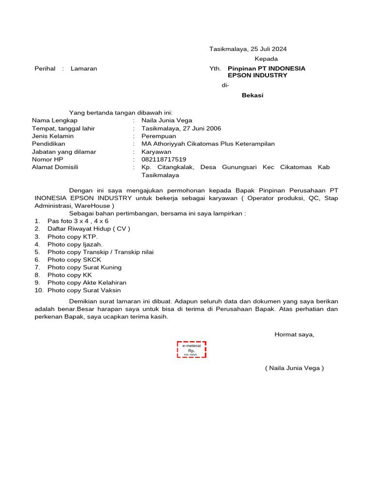 Lampiran III Surat Lamaran | PDF