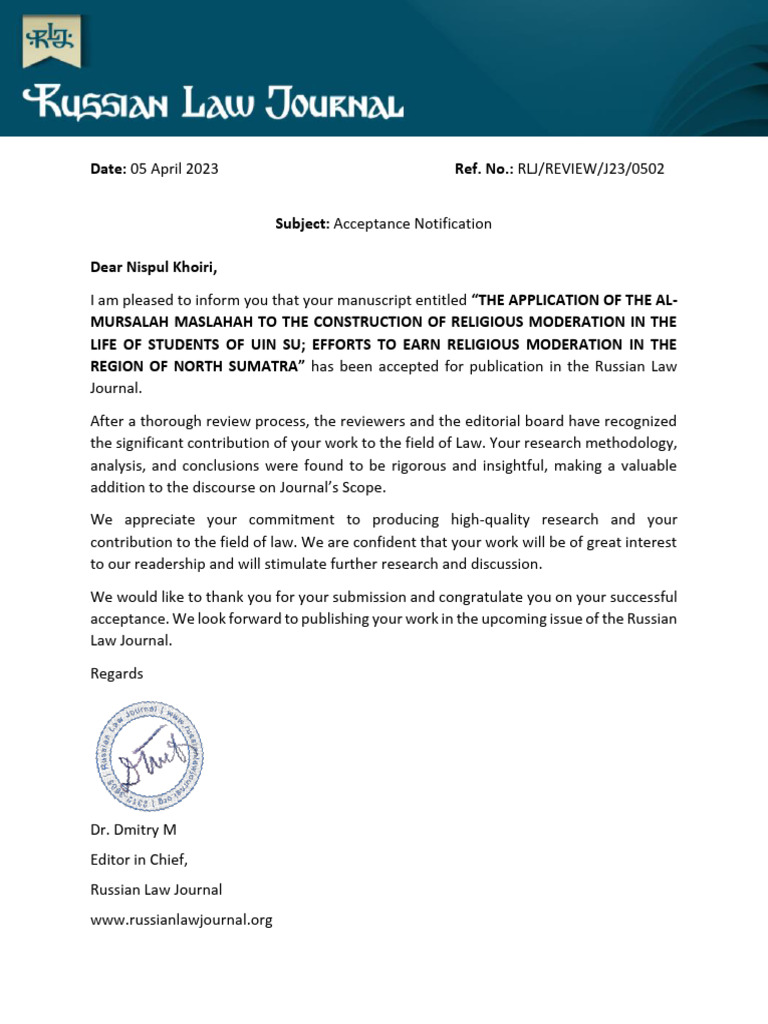 Manuscript Acceptance for Russian Law Journal | PDF