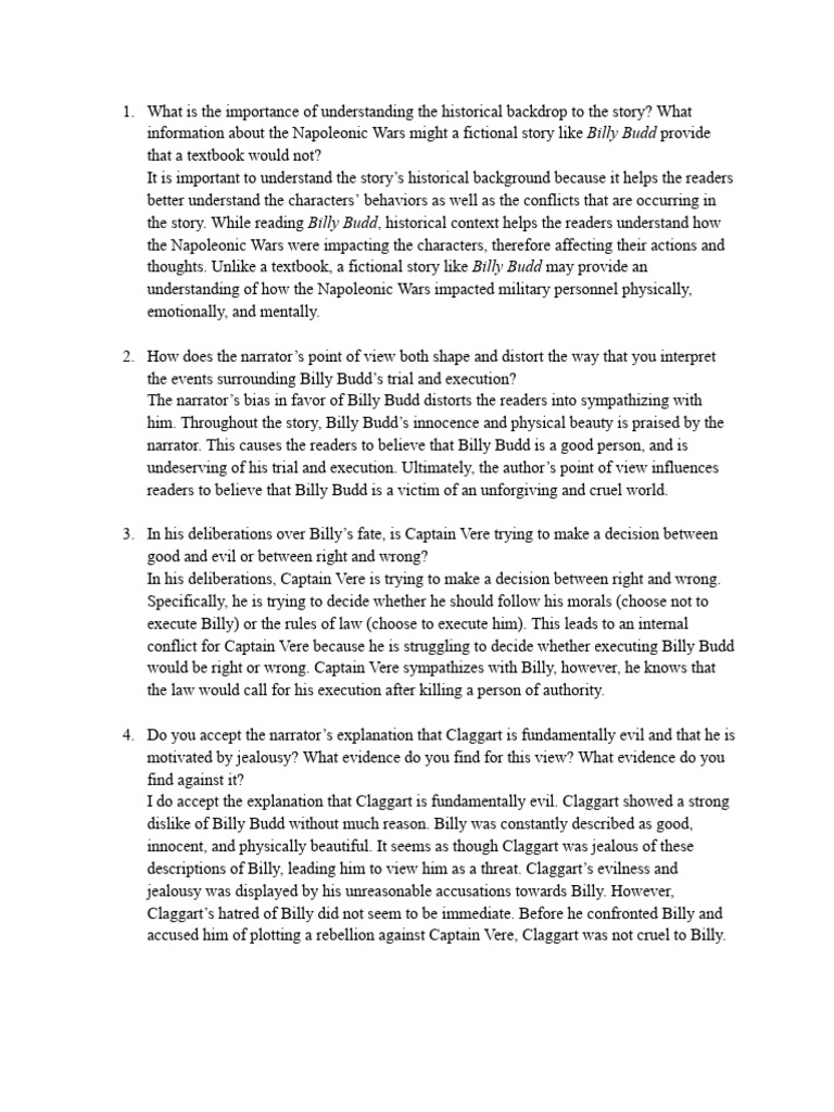 Billy Budd - Essential Questions | PDF | Narration | Murder