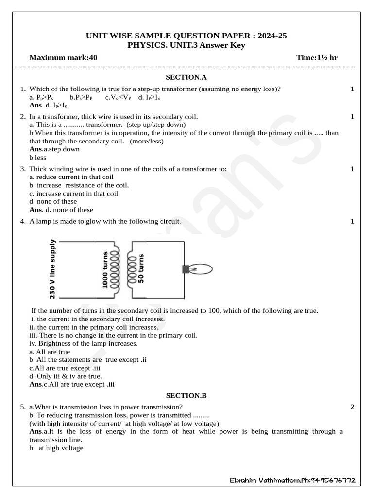 Phy Unit 3 (EM) Key | PDF | Inductor | Transformer