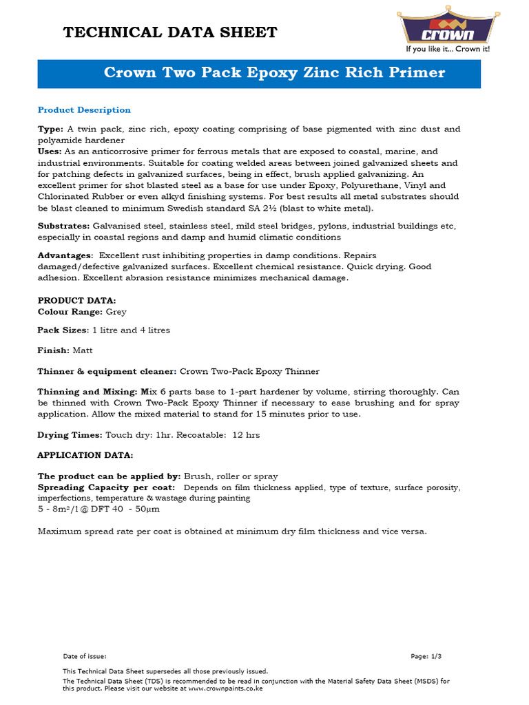 Two Pack Epoxy Zinc Rich Primer TDS | PDF | Paint | Epoxy