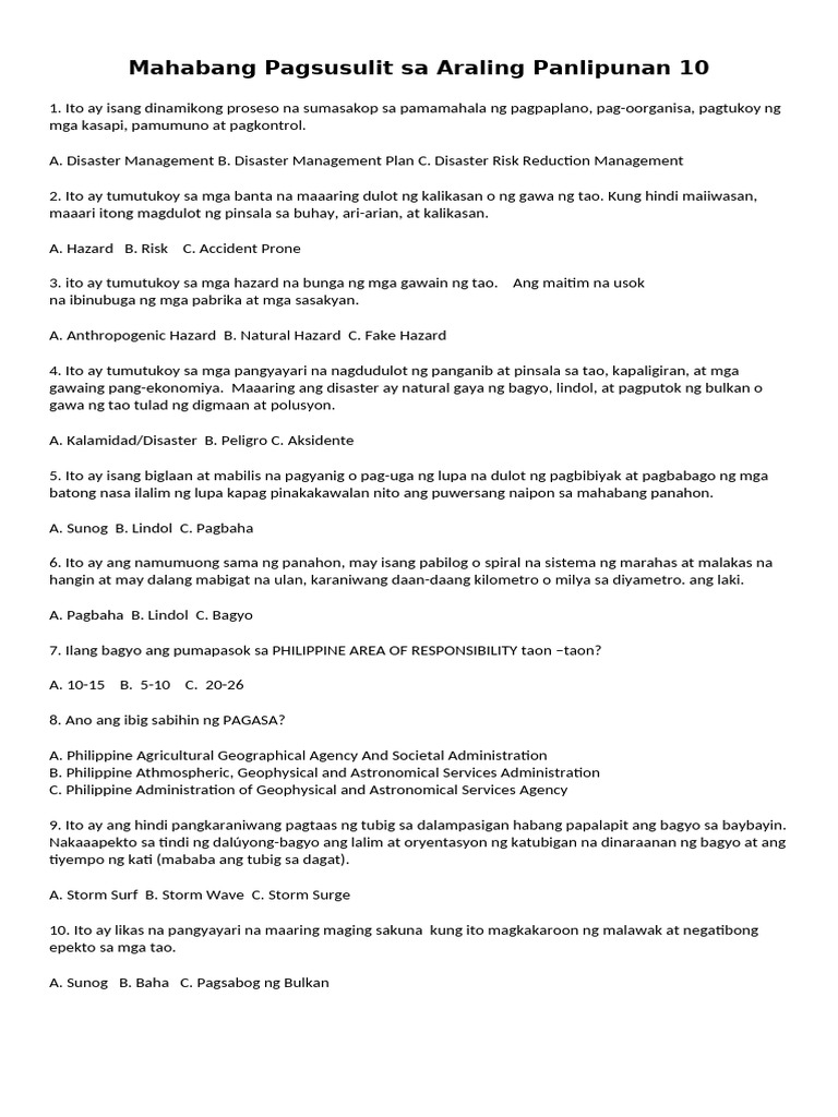 Mahabang Pagsusulit Sa Araling Panlipunan 10 | PDF