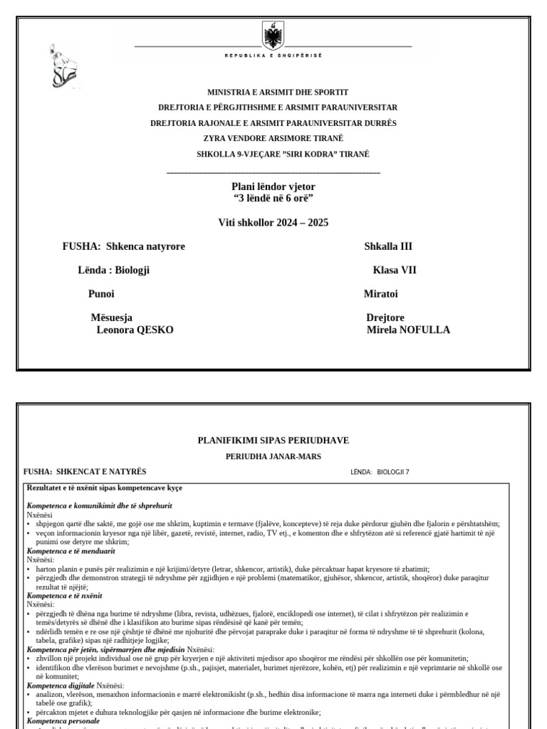 Plan Biologji 7.2 2024-2025 | PDF