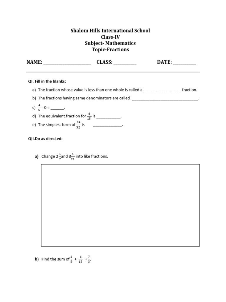 Class IV Math: Fractions Worksheet | PDF