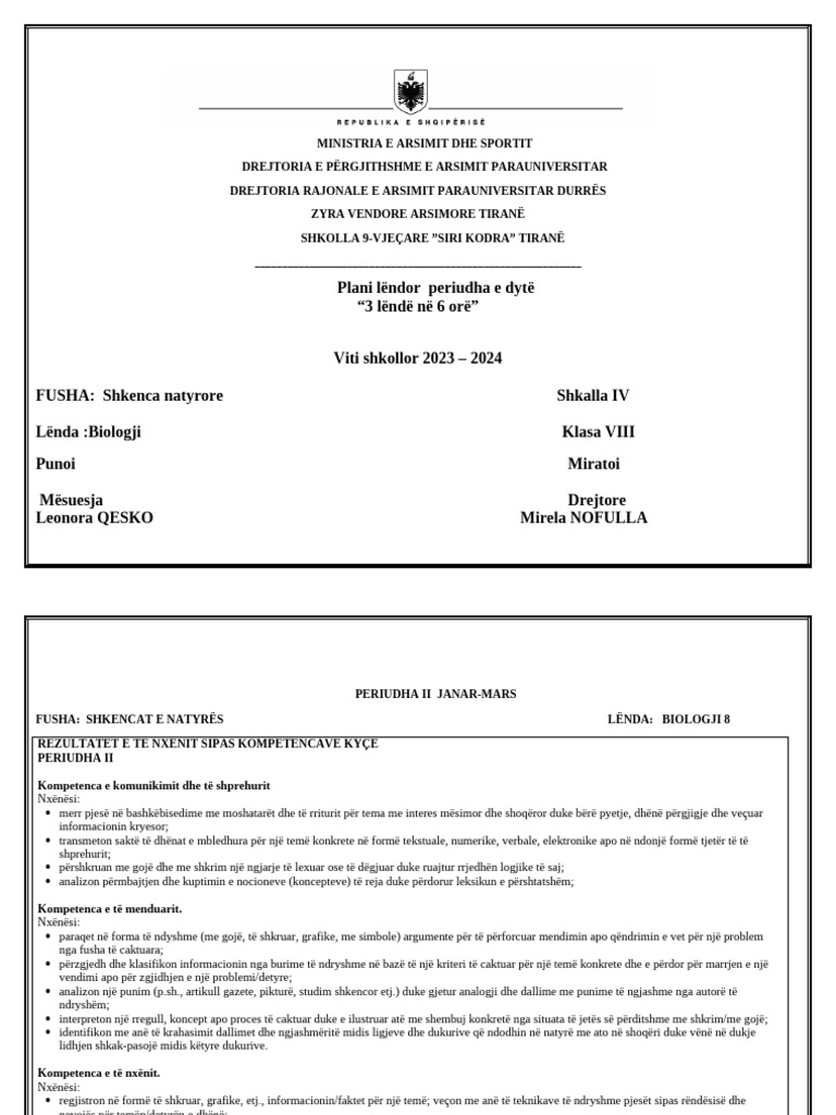 Plan Biologji 8 .2 2024-2025 | PDF