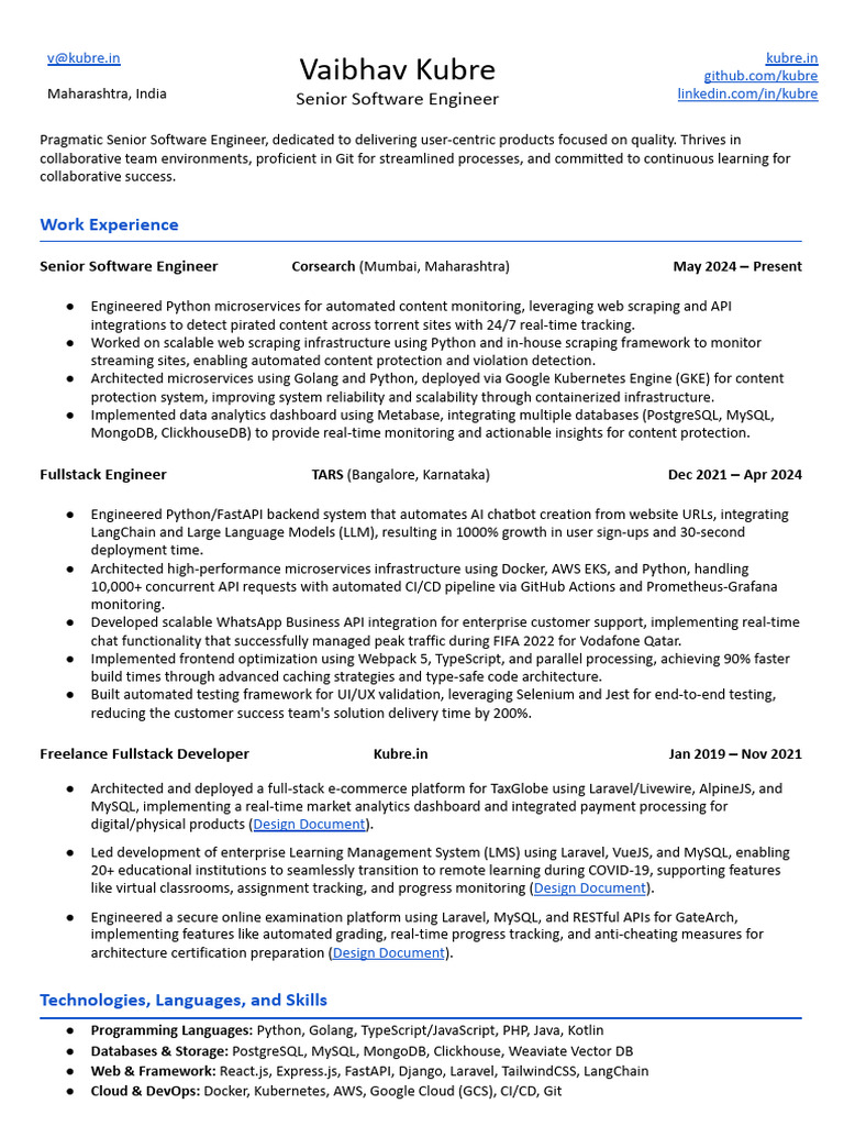 Vaibhav Kubre Resume | PDF | My Sql | Python (Programming Language)