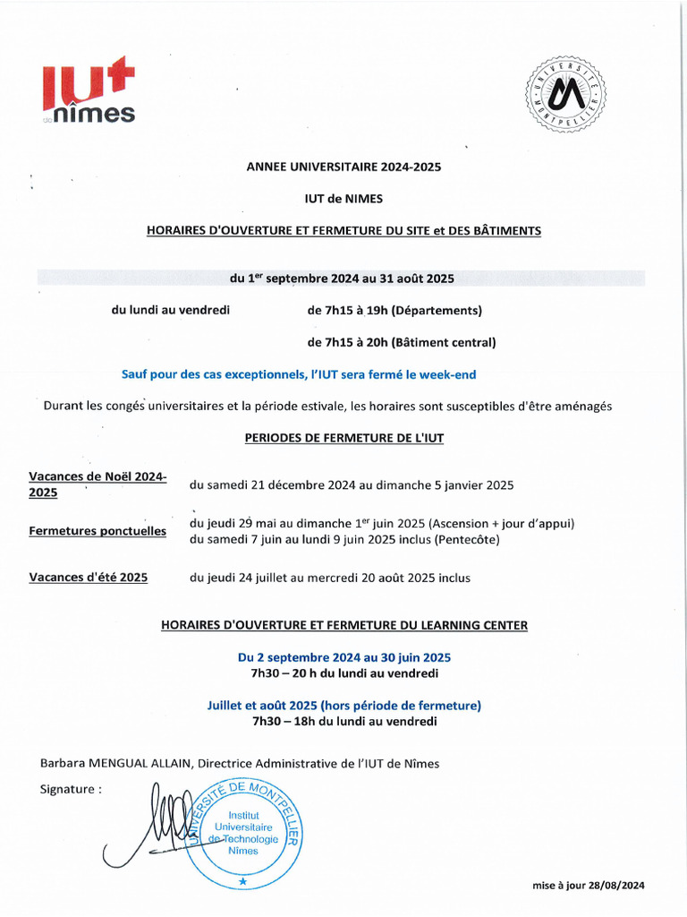 1 - 2024 2025 NOTE GENERALE Dates Et Horaires Fonctionnement AU IUT de ...