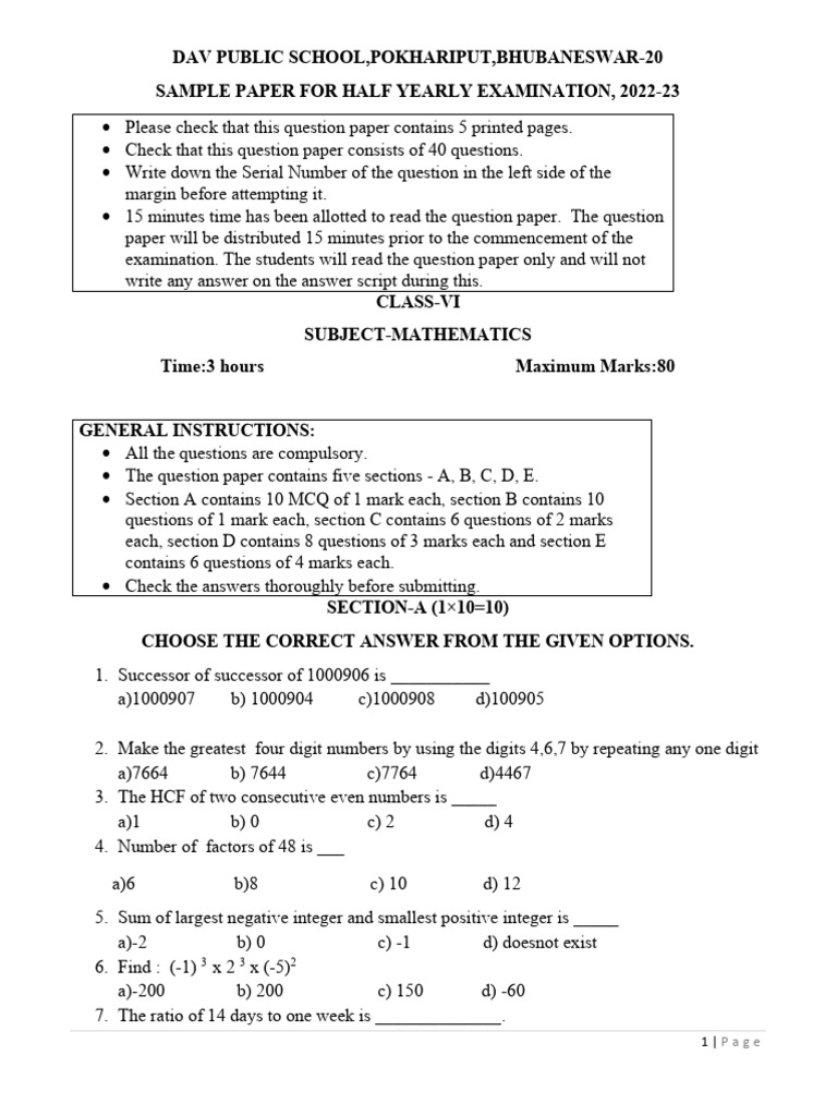 Assignment - STD VI MATH 2022-23 | PDF | Length | Arithmetic