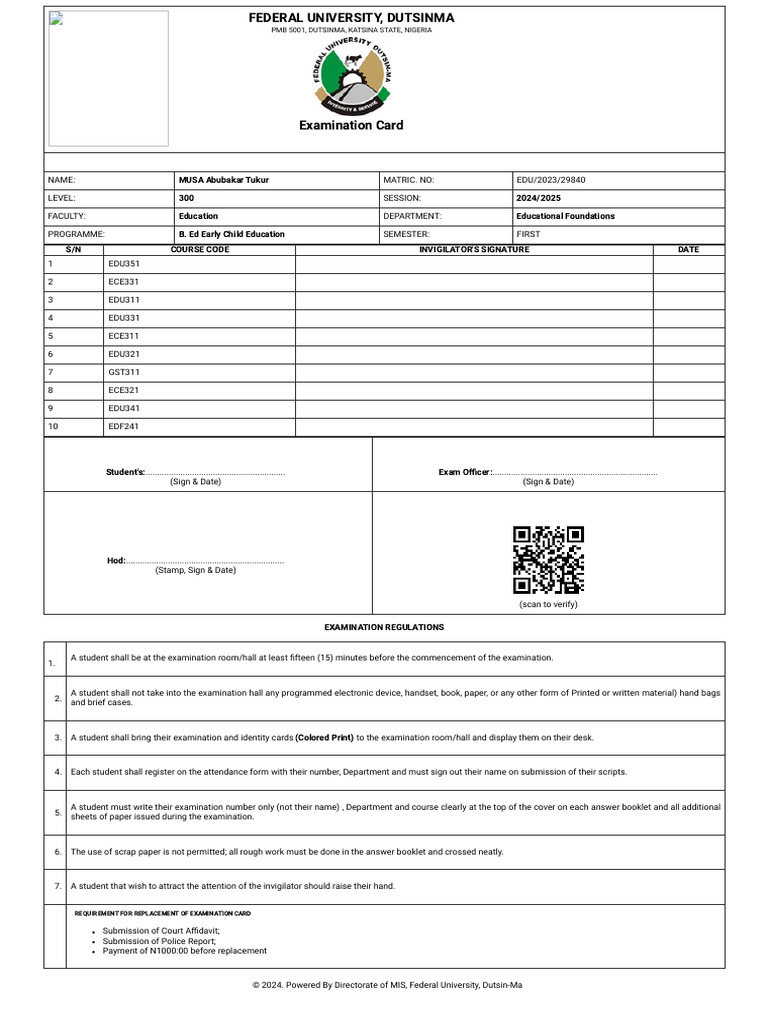 ExamCard-FUDMA 1732567166423 | PDF