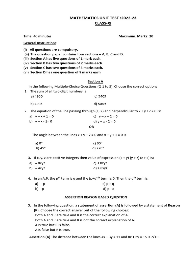 S6_MATH_ UNIT TEST 2022-23 | PDF | Line (Geometry) | Euclid