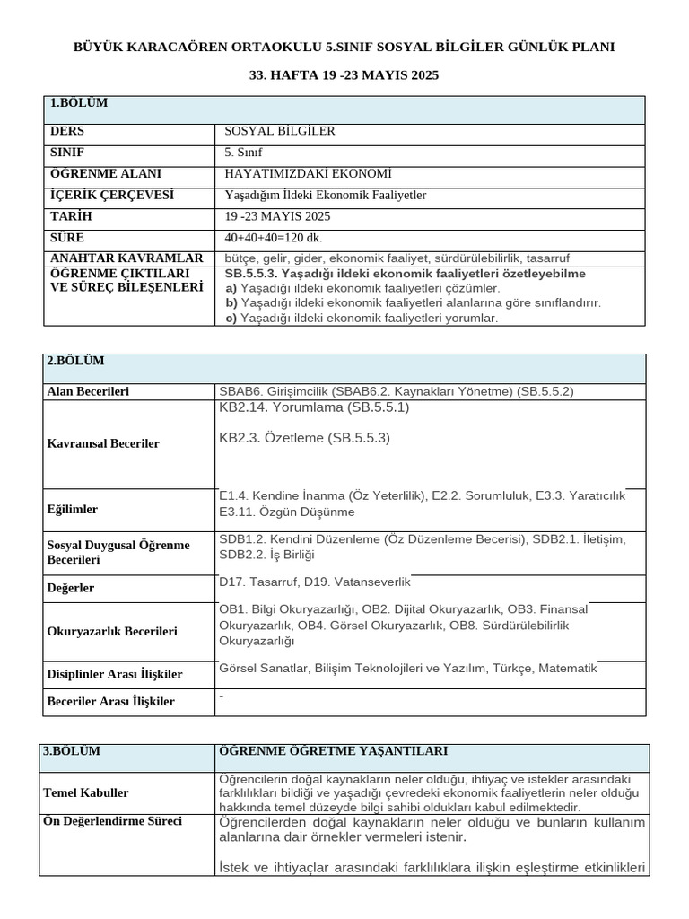 5.-Sinif-Sosyal-Bilgiler-33 .-Hafta-19 - 23 MAYIS Gunluk-Ders-Plani | PDF