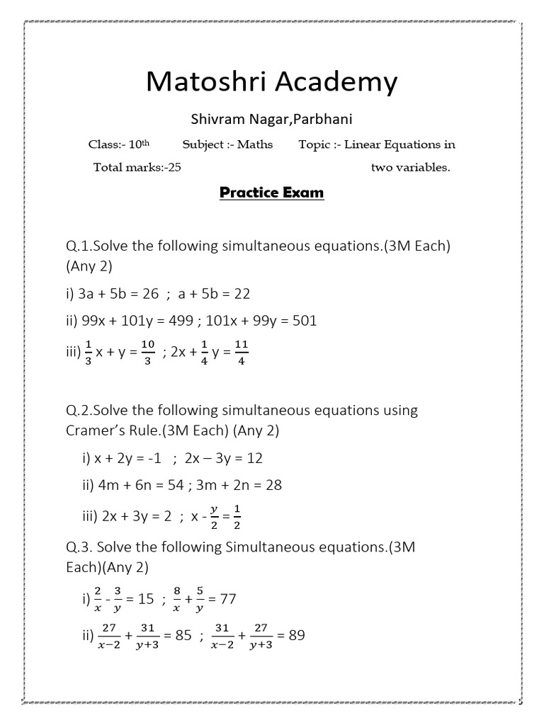10th Linear Eqn in 2 Variables | PDF