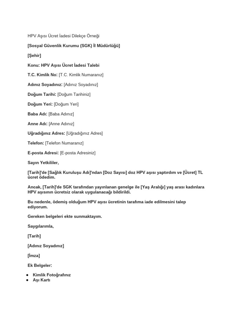 HPV Asisi Ucret Iadesi Dilekce Ornegi | PDF