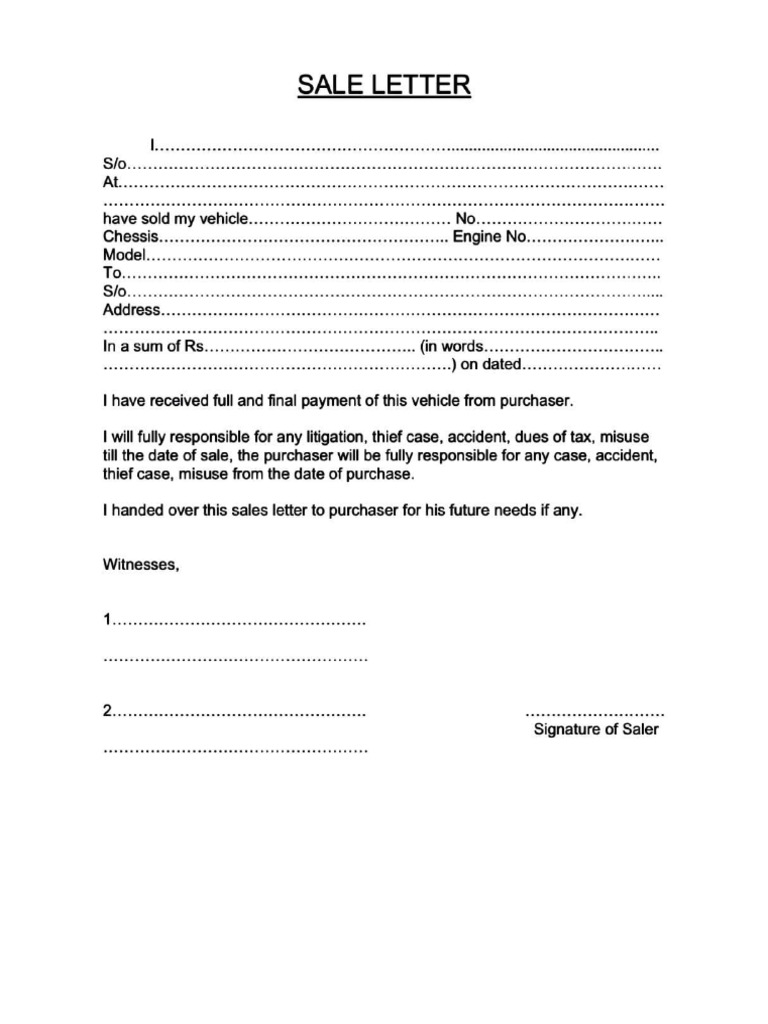 Vehicle Sale Confirmation Letter | PDF