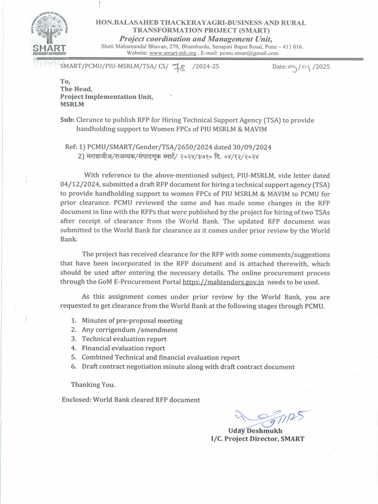 letter to PIU-MSRLM for approval to RFP document for selection of TSA | PDF