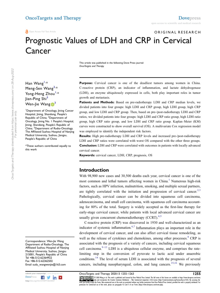 Prognostic Values of LDH and CRP in Cervical Cancer. | PDF | Lactate ...