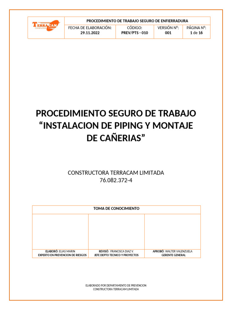 Prev-Pts - 010 - Procedimiento de Trabajo Seguro Instalacion de Piping y Montaje de Cañerias ...