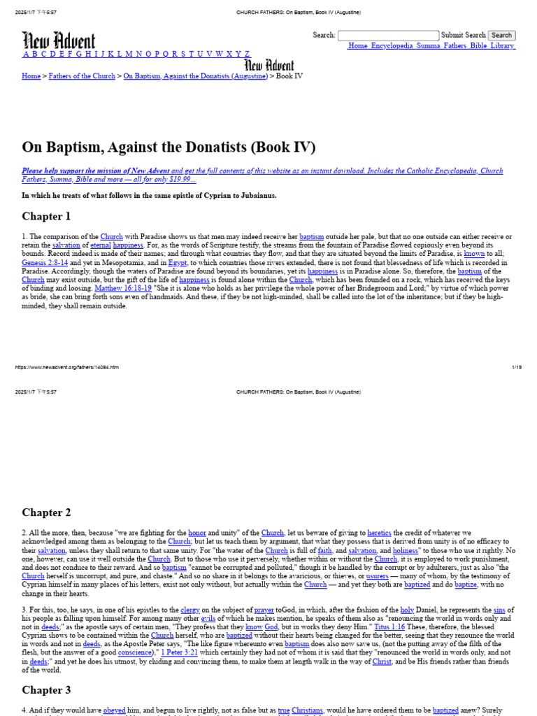 CHURCH FATHERS - On Baptism, Book IV (Augustine) | PDF | Baptism | Sacraments