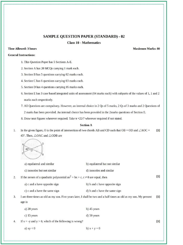 Sample Paper 2 Maths STD | PDF