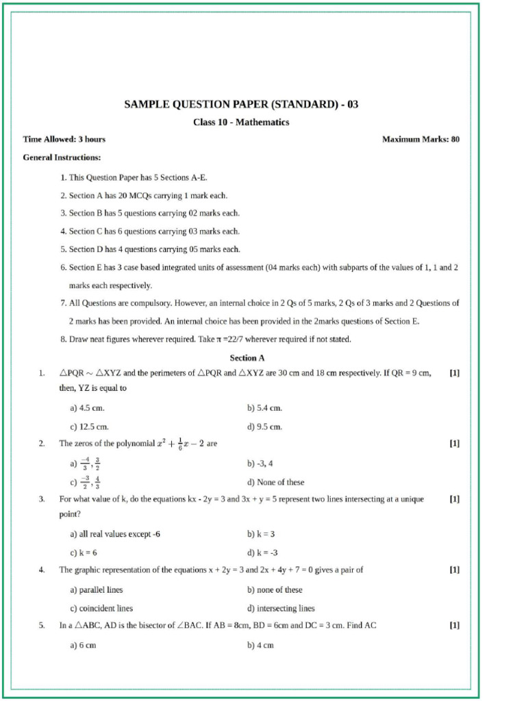 Sample Paper 3 Maths STD | PDF