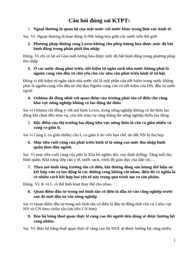 Câu hỏi đúng sai KTPT | PDF