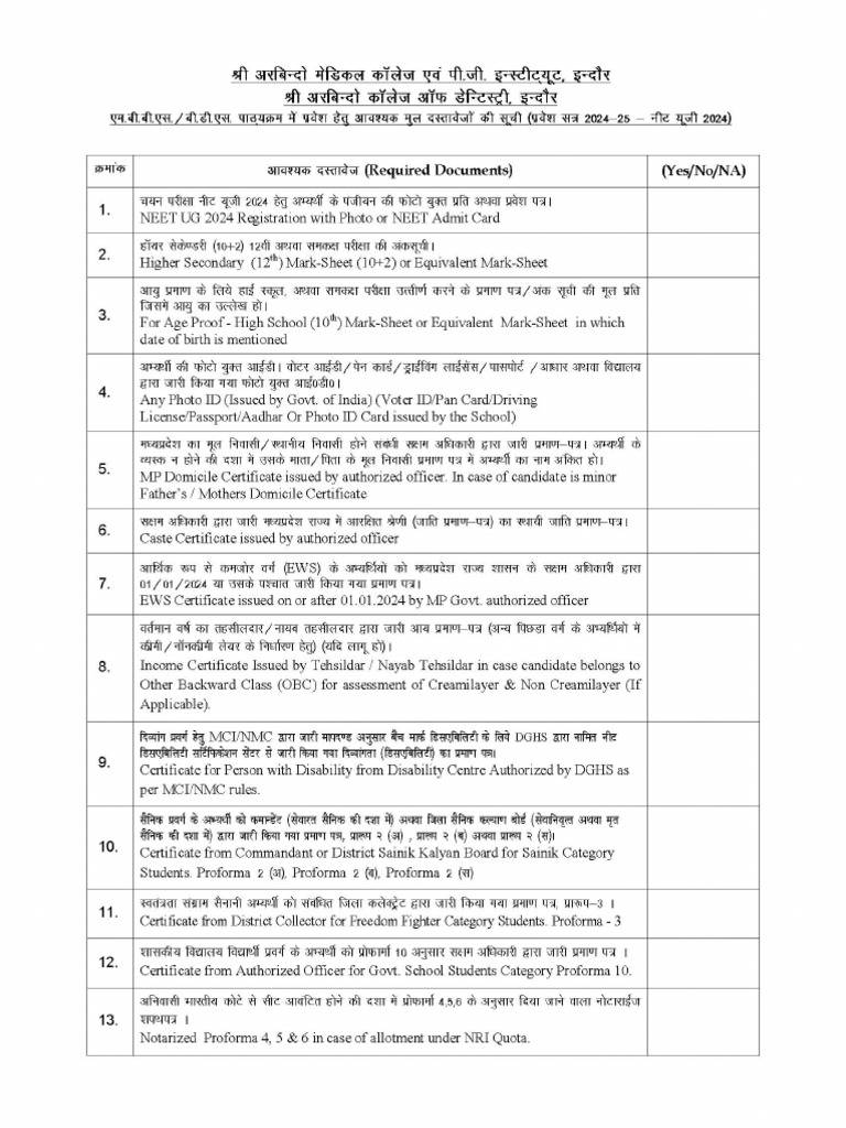 Check List MBBS-BDS Admission 2024-25 | PDF