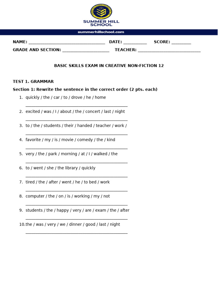 Basic Skills Exam - CNF 12 | PDF
