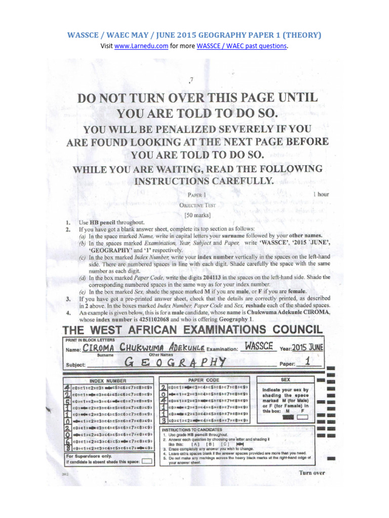 WASSCE WAEC May June 2015 Geography Paper 1 Objective | PDF