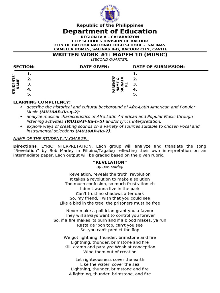 Q2 - Worksheet Week 1-2 (MUSIC) | PDF | Graphics