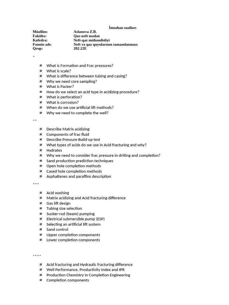 İmtahan suallar_Well Completion 274.21e | PDF | Resource Extraction | Hydraulics